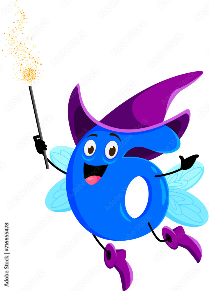 Cartoon math number six Halloween wizard, witch and mage character ...