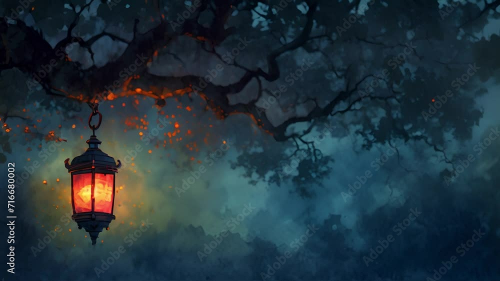 Mystic night background with tree branches and lantern hanging on tree ...
