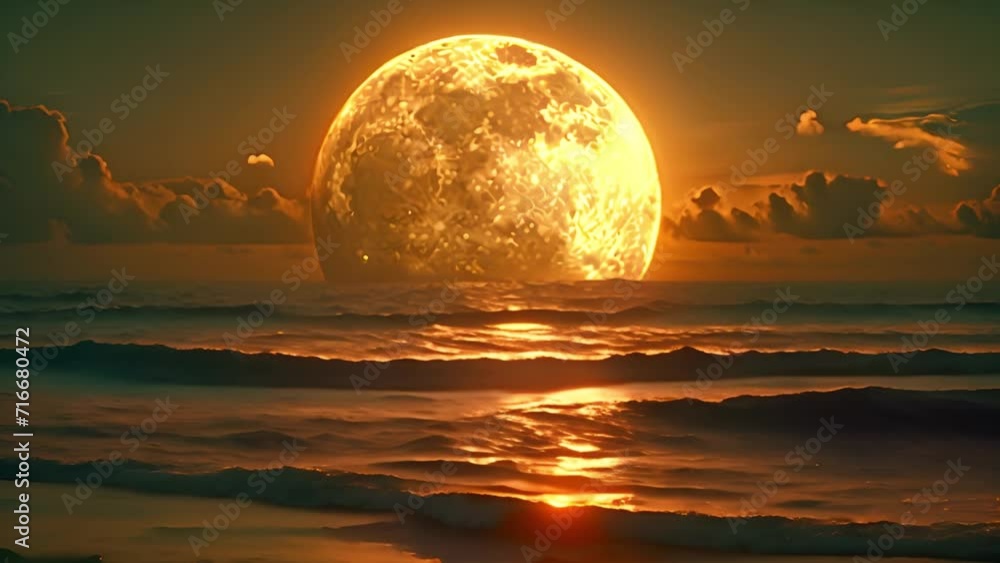 Moonlight Over Ocean Waves Washing Beach Sand, Full Moon Glow. Full ...