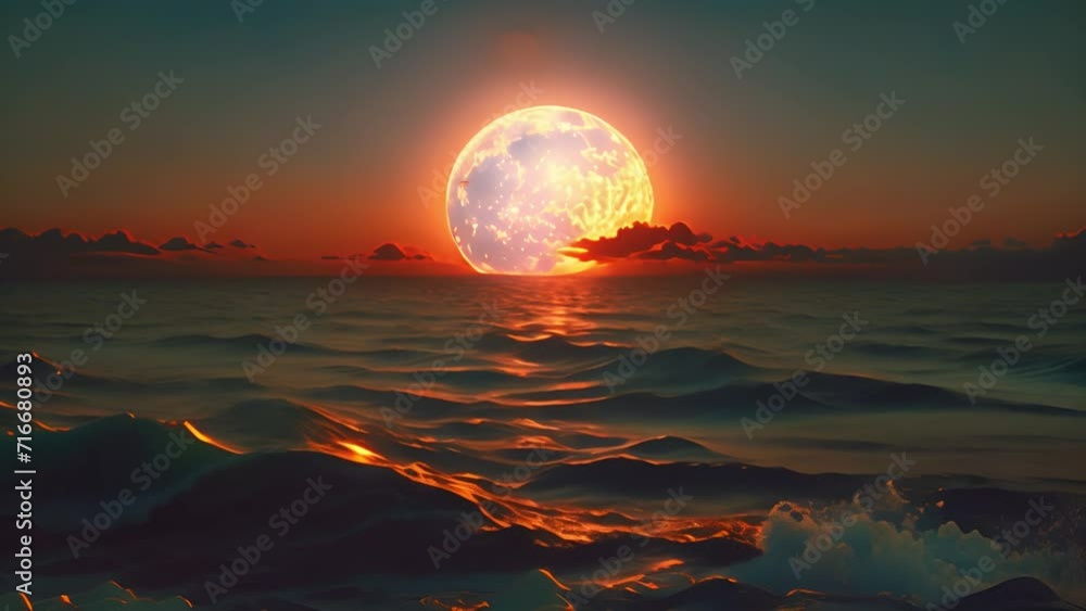 Moonlight Over Ocean Waves Washing Beach Sand, Full Moon Glow. Full ...