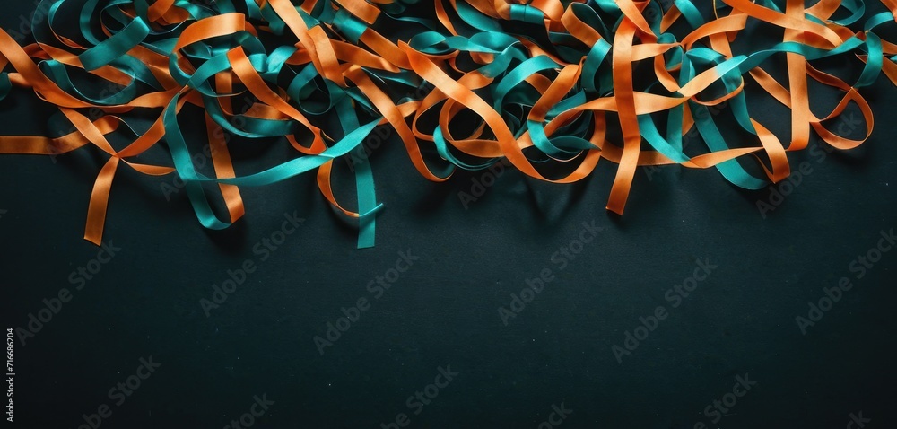 a bunch of orange and teal streamers on a black background with a black ...