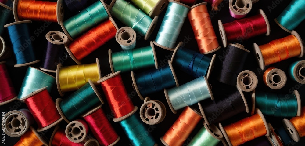 a group of spools of thread sitting next to each other on top of a pile ...