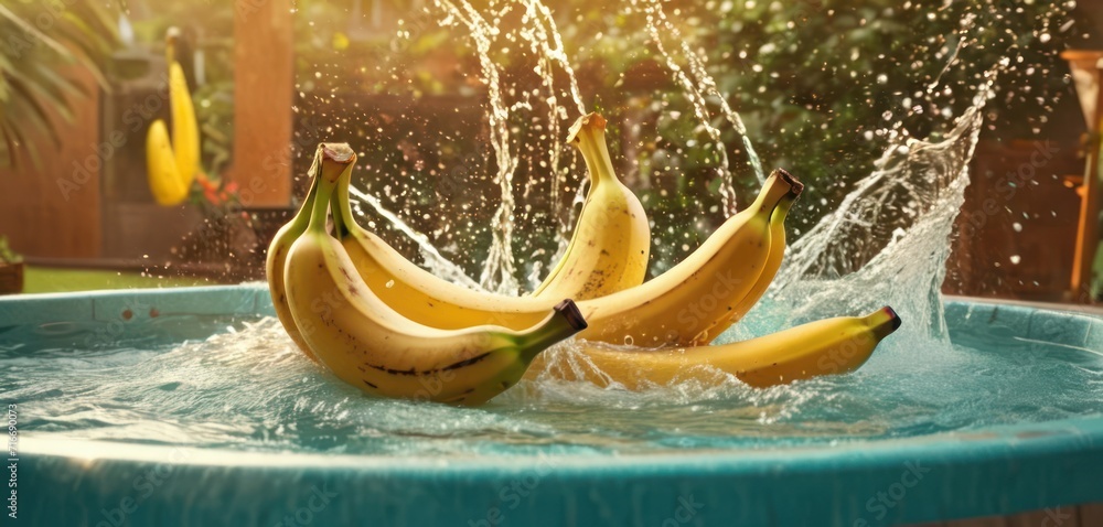 a bunch of bananas are splashing in a pool of water with a sprinkle of ...