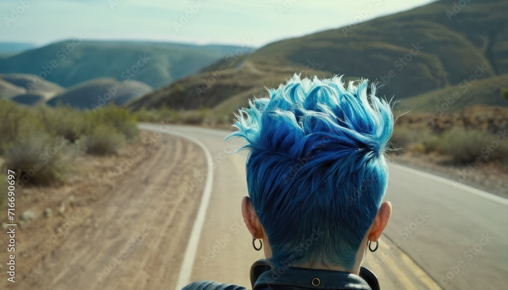 a person with blue hair riding a motorcycle on a road with hills in the ...