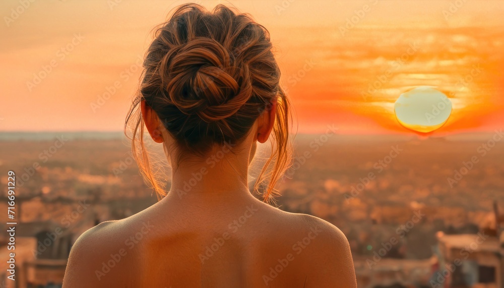 the back of a woman's head as she stands in front of a cityscape with ...