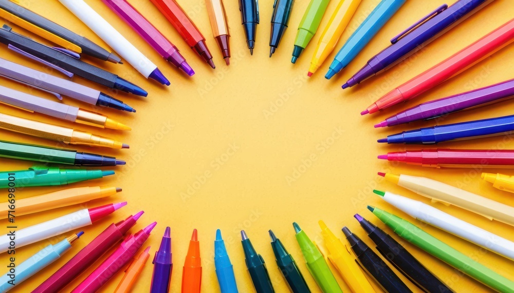 a circle of different colored pens arranged in a circle on a yellow ...