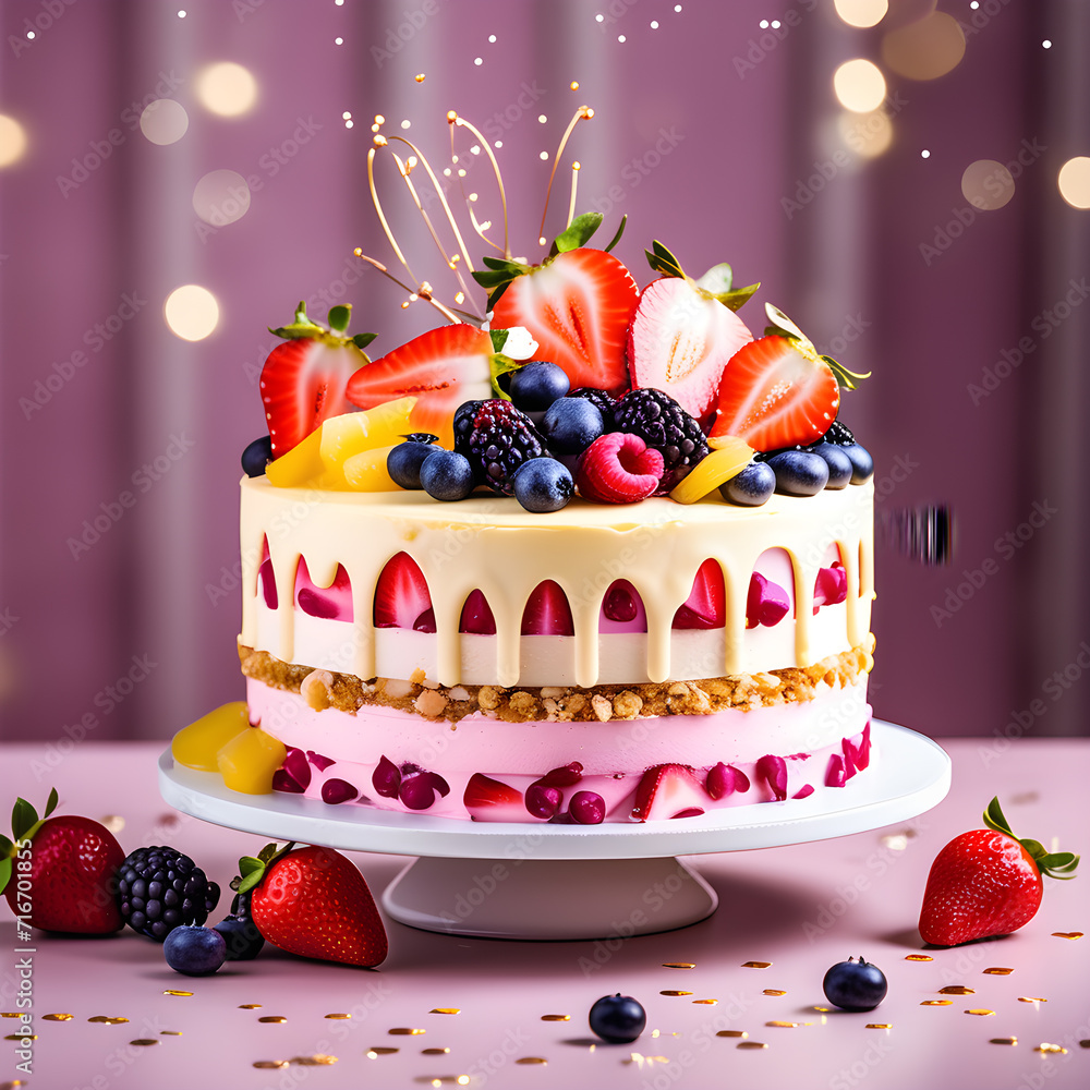 cake with strawberry and blueberry top, pink and yellow icing garnish ...