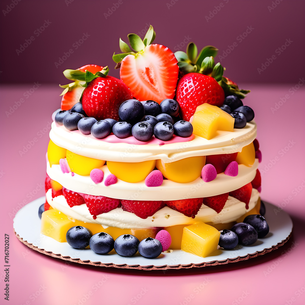 cake with strawberry and blueberry top, pink and yellow icing garnish ...