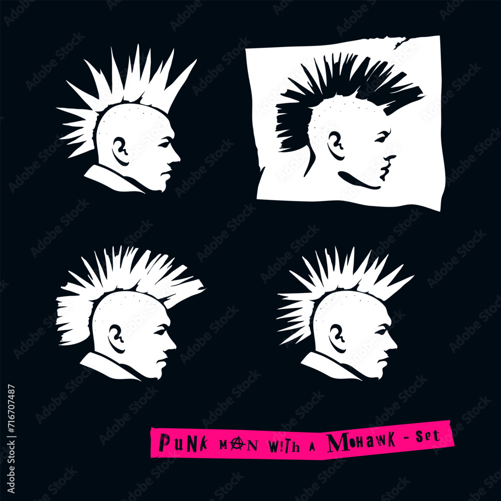 Vector isolated set of illustrated punk man with a mohawk on a black ...