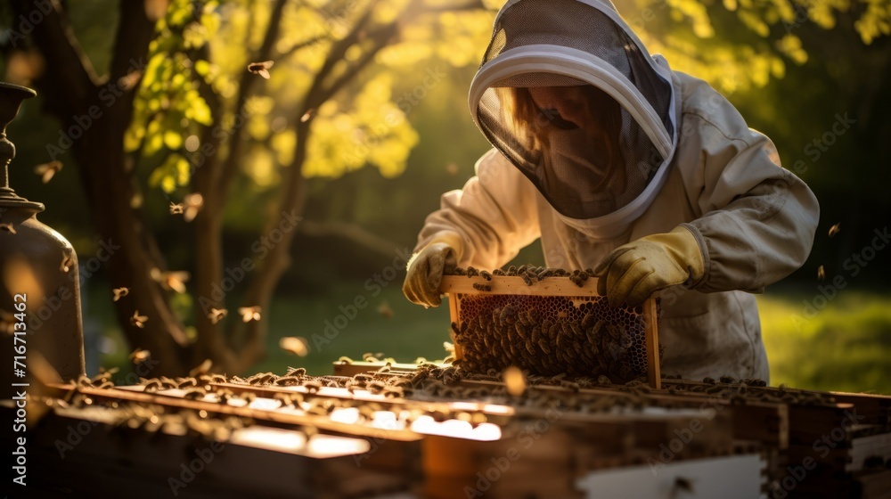 A beekeeper in a beekeeper's costume takes out honeycombs with honey ...