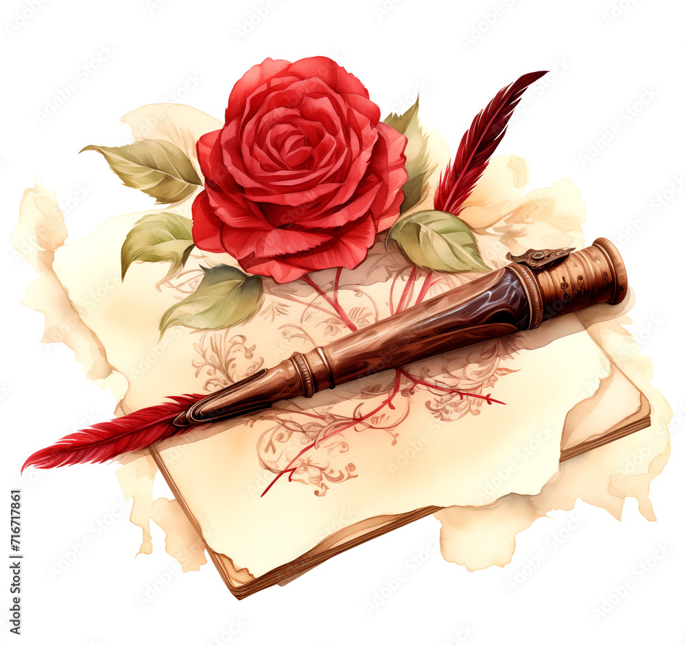 watercolor image of some quill pen and old scroll with red roses in ...
