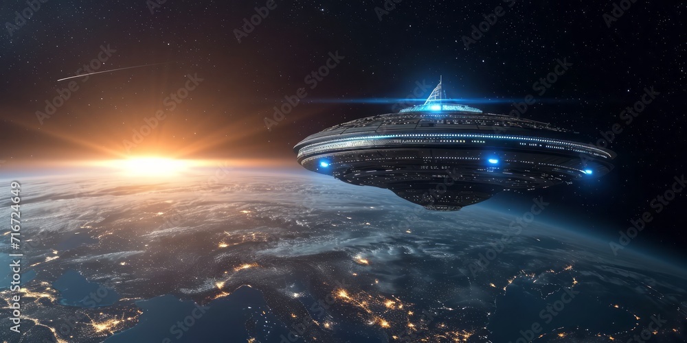 UFO, an alien plate hovered motionless in space against the background ...