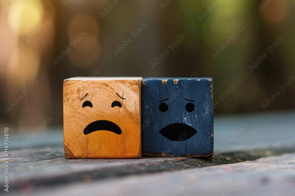 Symbol representing a sad face in the dark on a wooden block to choose ...