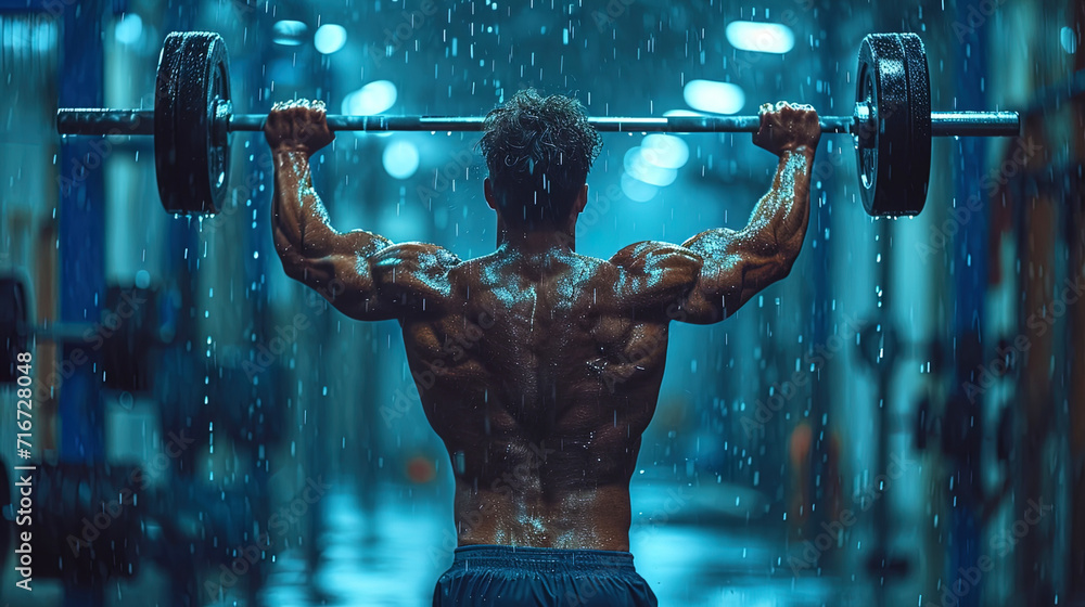 Image of tense muscles of the athlete's back and shoulders during ...