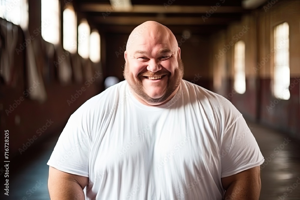 a bald man with a beard,Man in room, fat man in white clothes looking ...