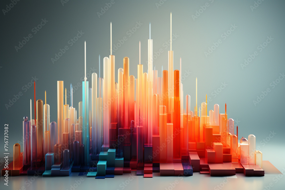 A dynamic 3D bar chart design with bars projecting outward at different angles, creating a ...