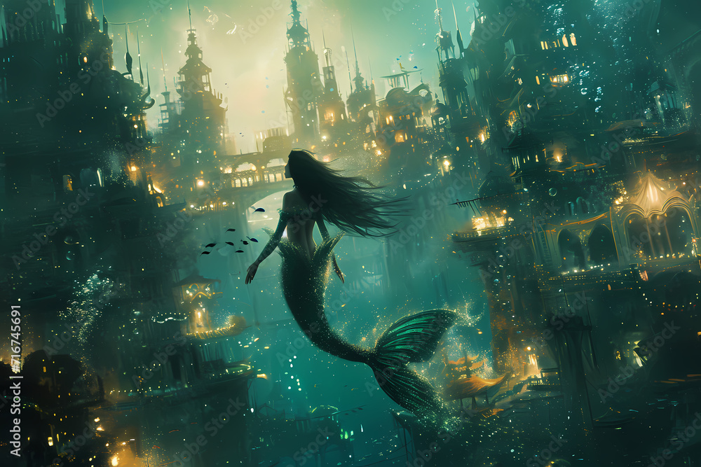 Nighttime underwater encounter with a mermaid, diver, and a vibrant ...