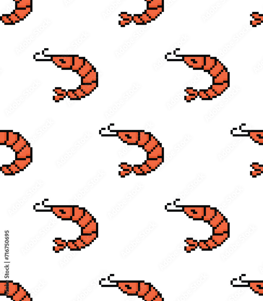 pixel Shrimp Seamless Pattern vector Shrimp fish background pixel art ...