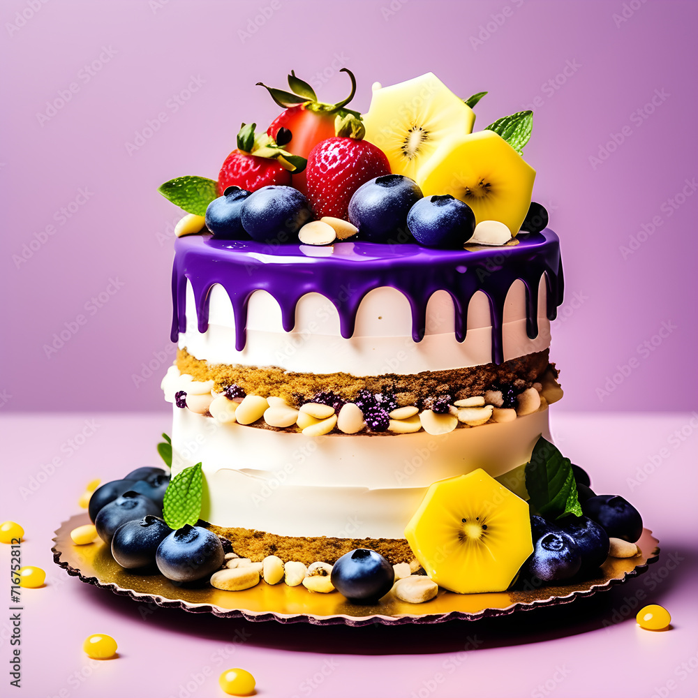 purple cake with strawberry and fruits on top, purple garnish mirror ...
