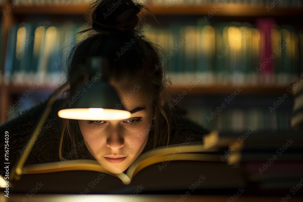 A studious woman delves into the pages of a book, her face illuminated ...