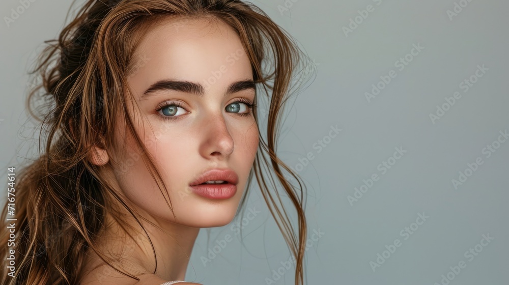 A stunning fashion model gazes confidently at the camera, her flawless ...