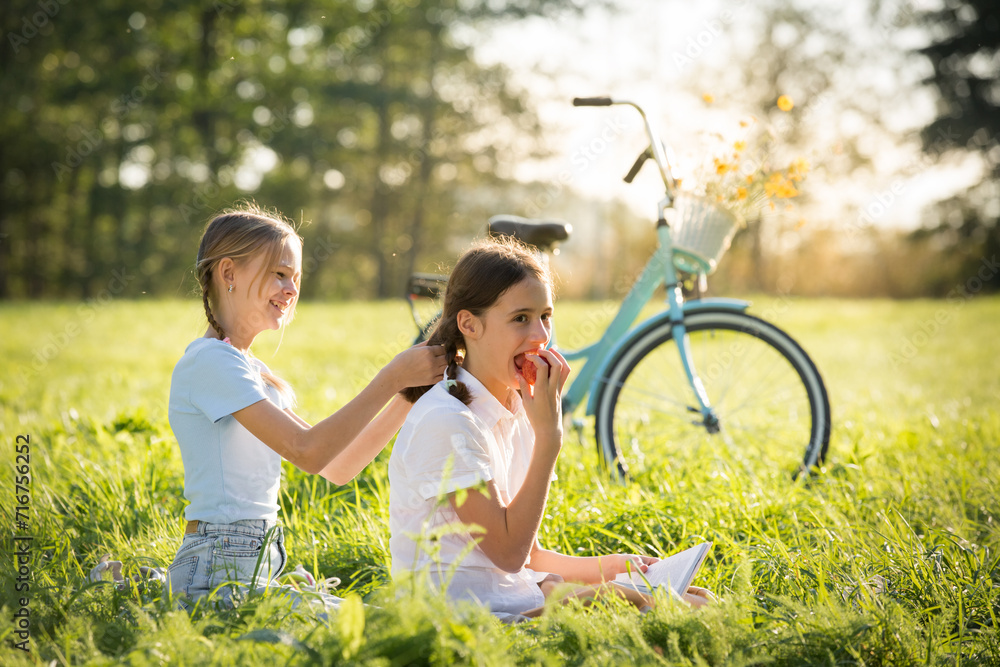 Two Teenage Girls Spend Time On Green Grass Lawn In Park Braid