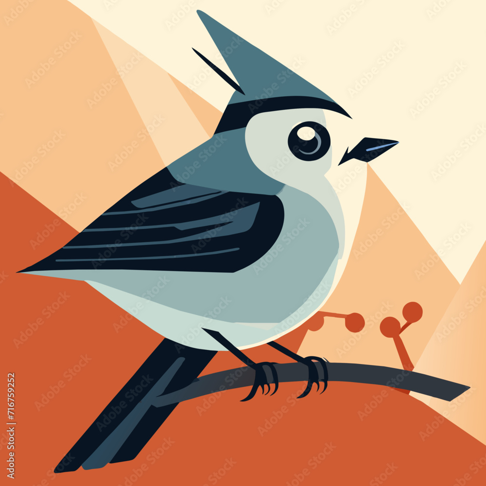 Vector illustration of a titmouse sitting on a branch. Cute cartoon ...