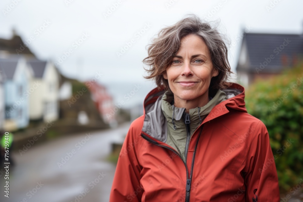 Portrait of a grinning woman in her 50s wearing a lightweight packable ...