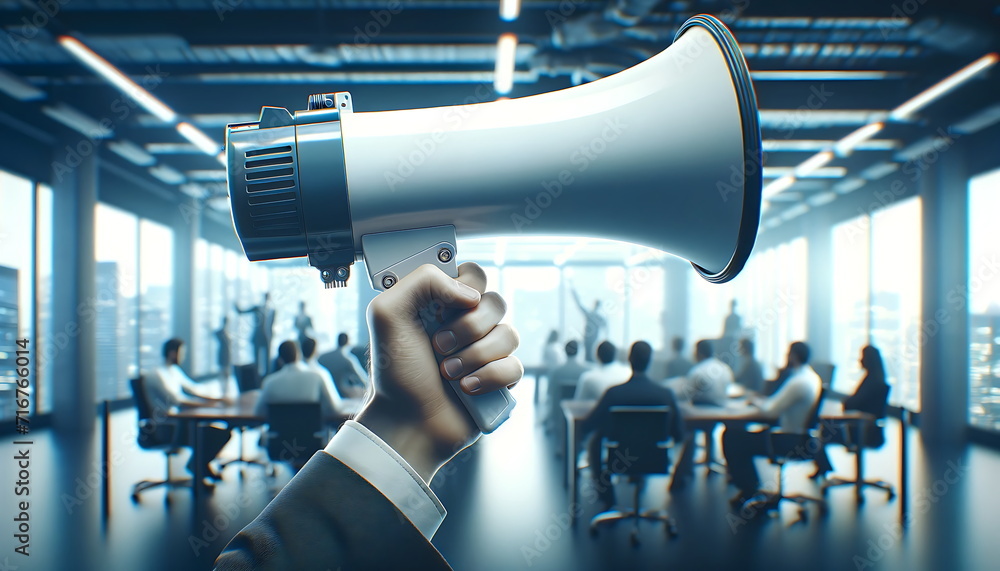 Hand holding white megaphone color at blur office background with blue ...