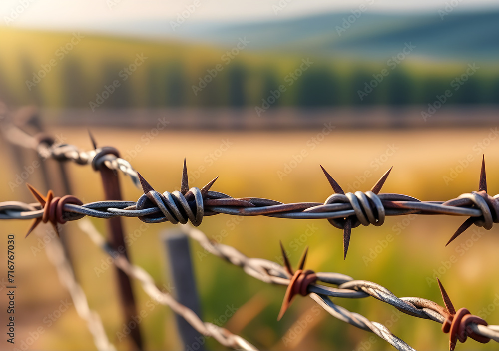 Rusty barbed wire close-up on blurred nature background. Territory ...