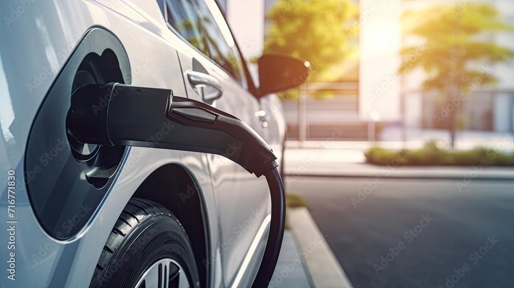Electric Car EV battery charging station charging in car port ...