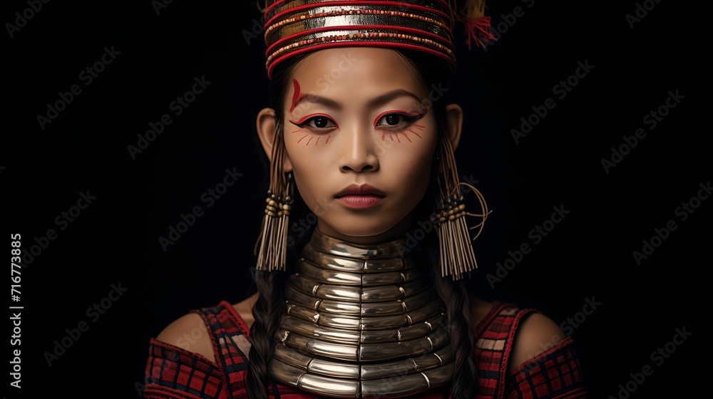 Kayan tribe woman of Northern Thailand wearing brass neck rings, black ...