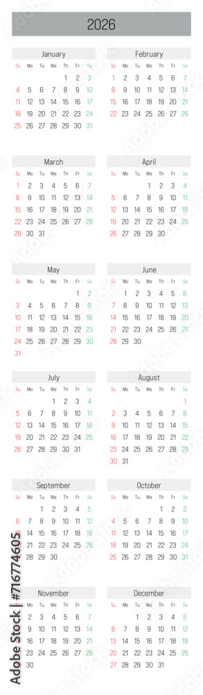Monthly calendar of year 2026. Week starts on Sunday. Block of months ...