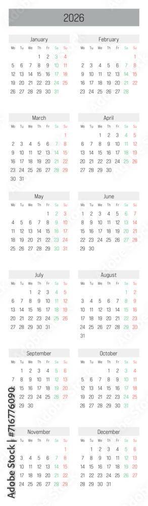 Monthly calendar of year 2026. Week starts on Monday. Block of months ...