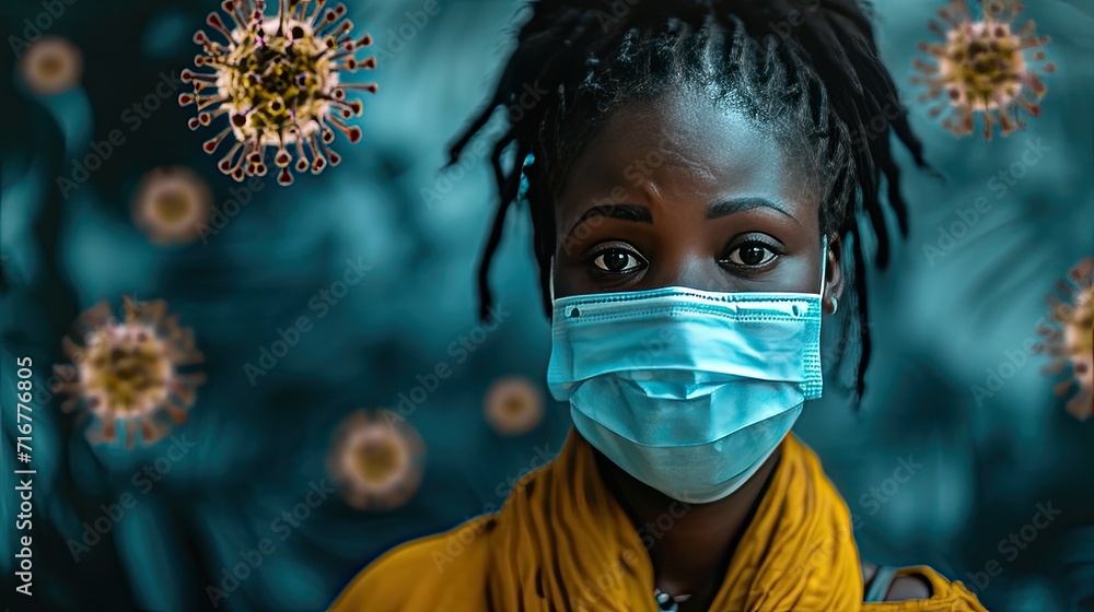 African women wearing a medical mask standing with blurry virus ...