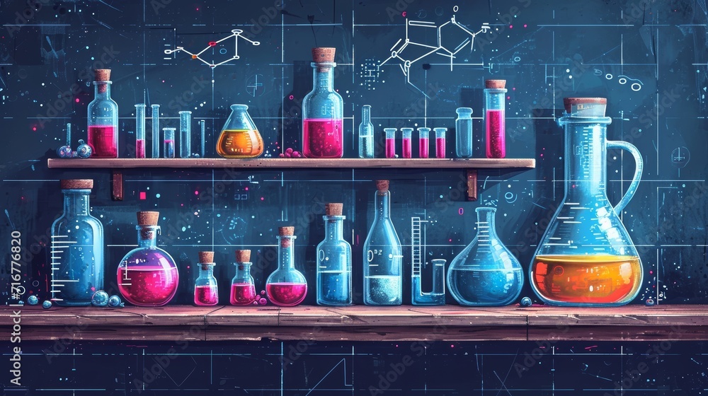 Chemistry laboratory interior, Lab equipment drawing, glass bottles and ...