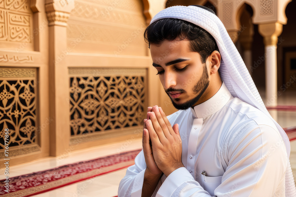Young Arabic Muslim man praying. Celebration of the sacred Ramadan ...