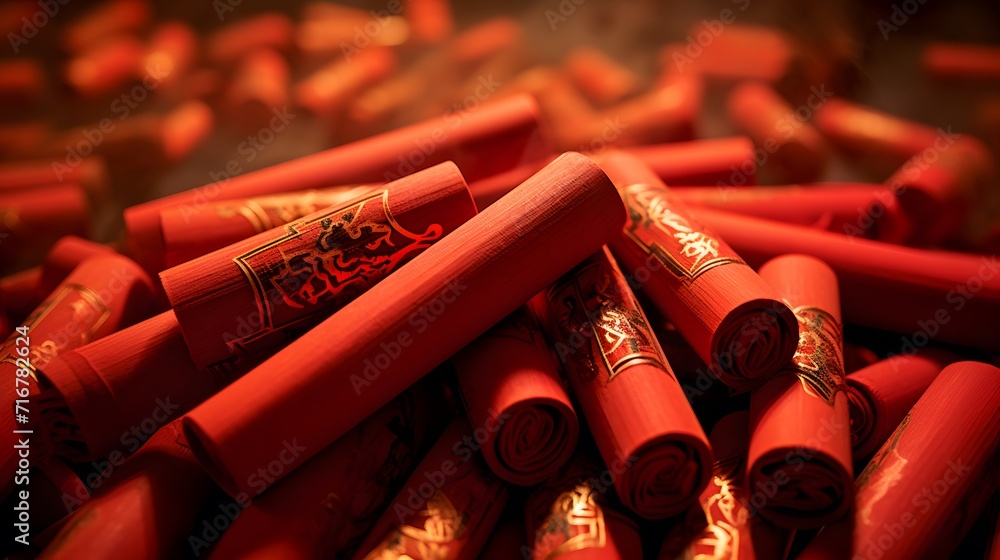 Festive celebration with red Chinese lanterns, firecrackers and lion ...