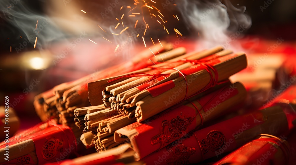 Festive celebration with red Chinese lanterns, firecrackers and lion ...