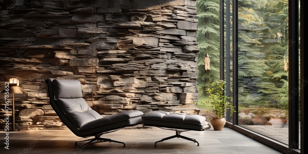 Lounge chair near wild stone cladding wall and window. Interior design ...