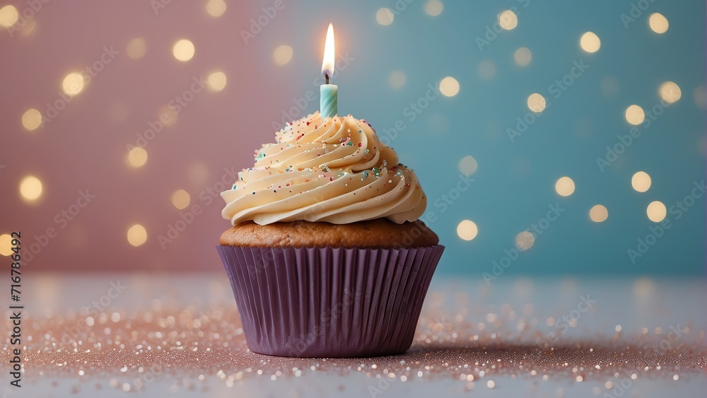 Colorful theme birthday cupcake with one candle on top on a pastel ...