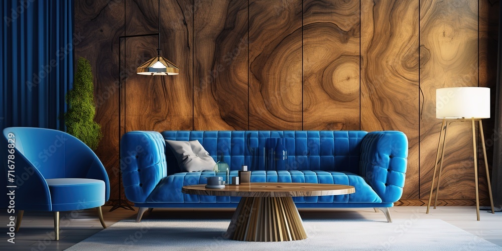 Vivid blue velvet sofa and stump coffee table. Interior design of ...