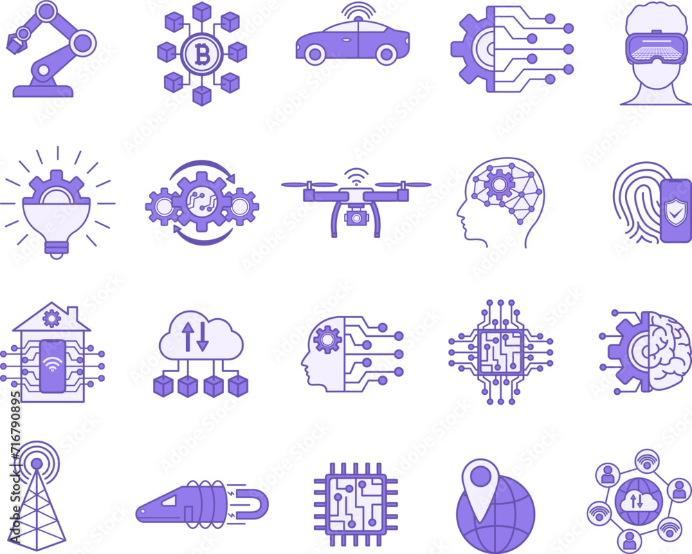Colored Technology Icons. Vector Icons of Geolocation, Virtual Reality ...