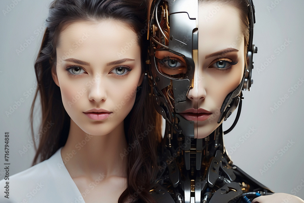 "Beautiful Woman with a Half-Robotic Face: Cyborg Beauty in Metallic ...