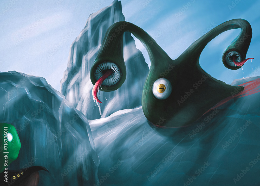 A digital painting cartoon of a funny alien character hiding behind a ...