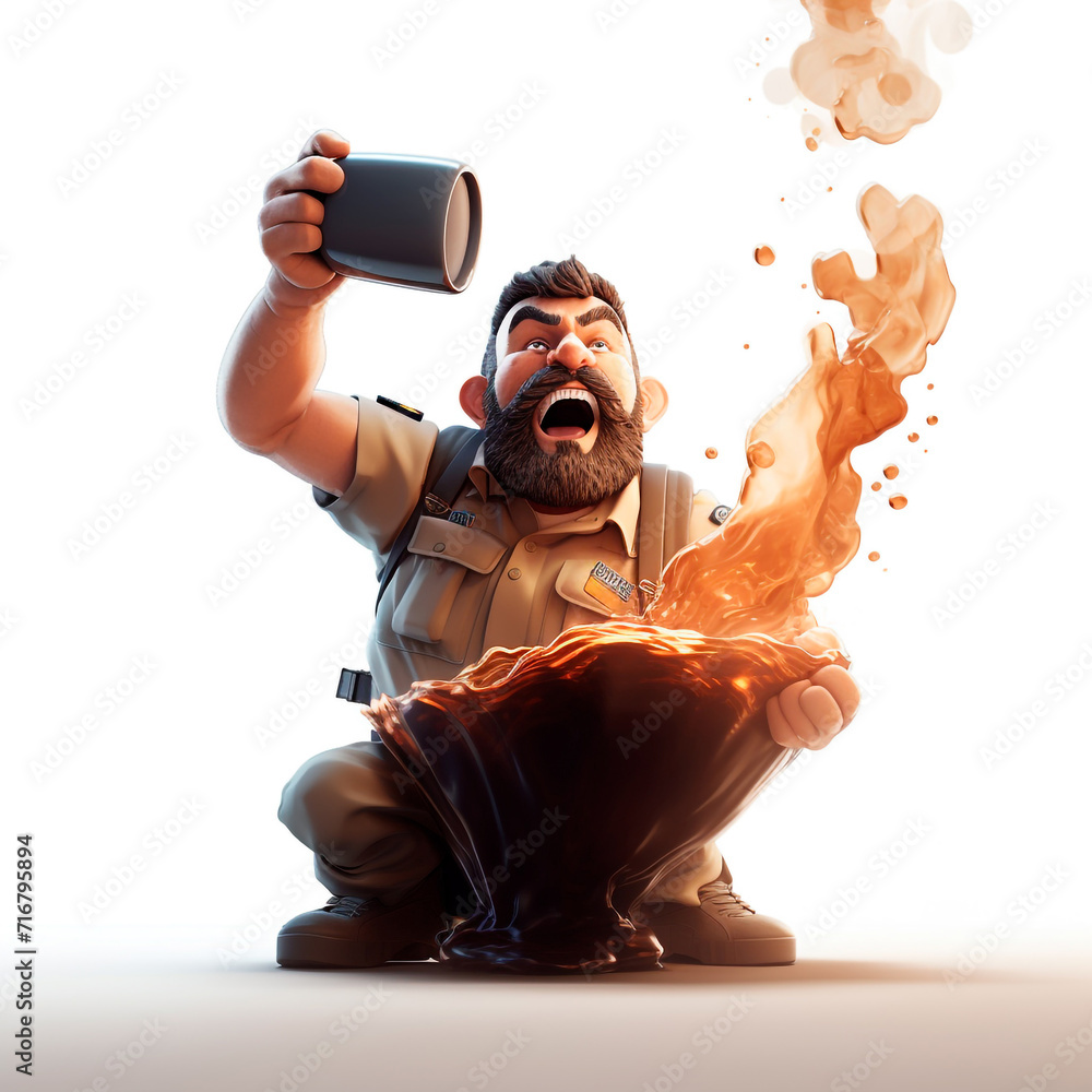 A large man in a workman's uniform knocking over his own coffee, with ...