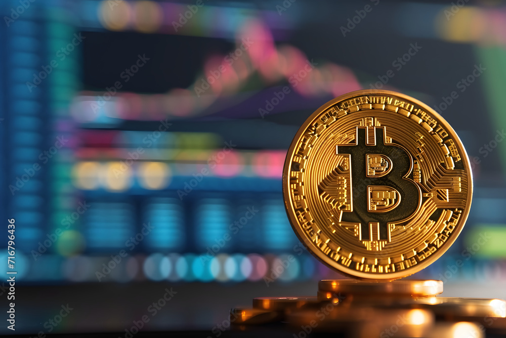 Bitcoins in front of trading graph, chart analysis, Crypto Currency ...