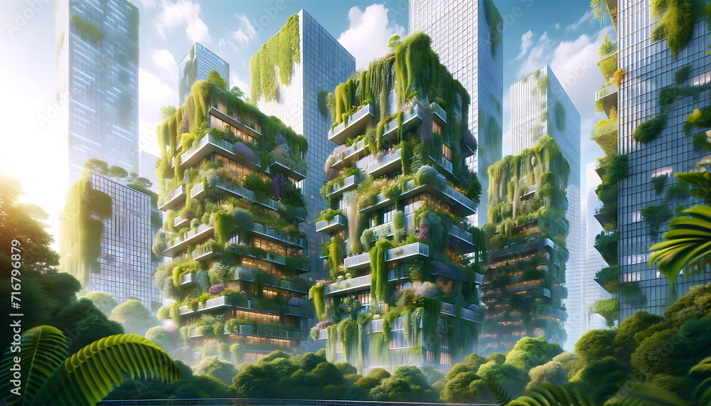 a scene of green, ecologically sustainable buildings covered in plants ...
