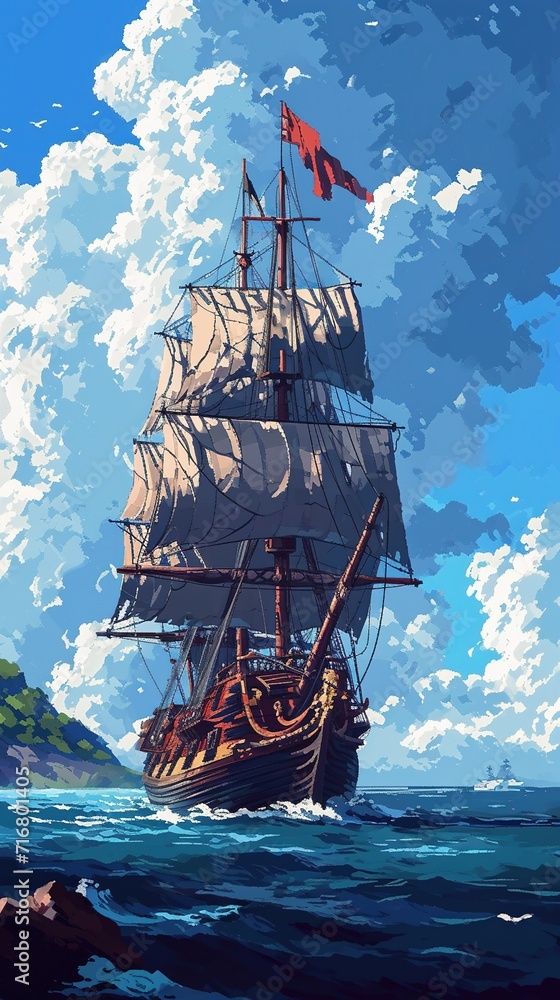 Pixel art of sailing pirate ship, game asset, 2d pixel art Stock ...
