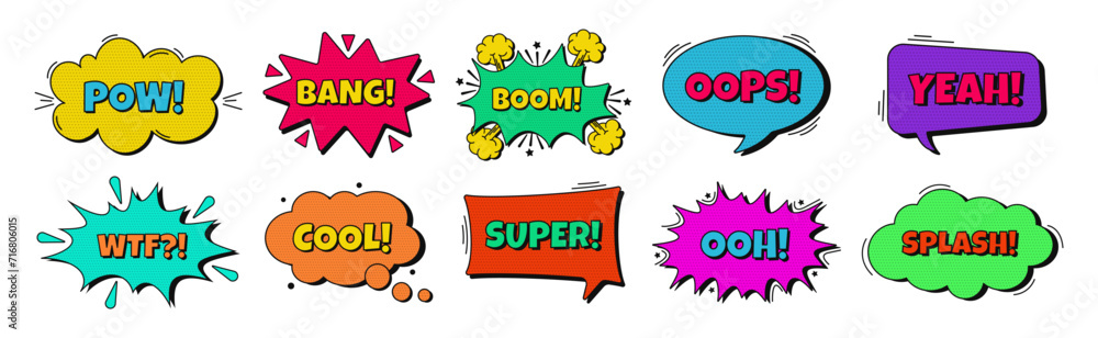 Set of comic speech bubbles with text and halftone. Colored dialog bubbles. Comic speech ...